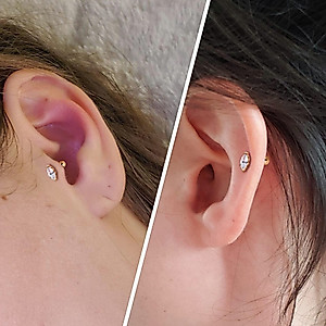 COCHARM 14K Solid Gold Helix Earring Stud Yellow Gold Cartilage Earring Stud Marquise CZ 14Kt Real Gold Helix Cartilage Piercing Jewelry for Women Men