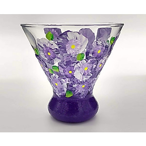 Purple Flower Hand Painted Martini Glass - Sparkly Purple, Pretty Flowers Stemless Cocktail Glass