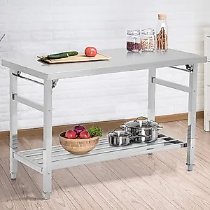 Stainless Steel Table 48 * 24 in, Portable Kitchen Island Stainless Steel Prep Table Work Bench with Foldable Table Legs, Work Table with Adjustable Undershelf for Kitchen Restaurant