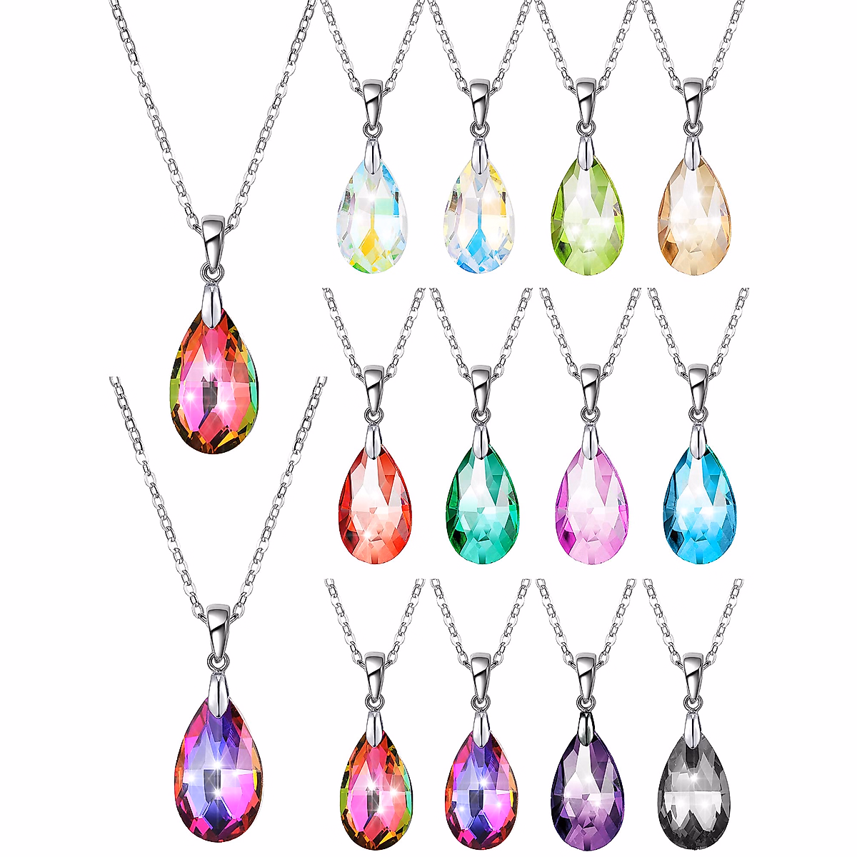 Hicarer 12 Pieces Teardrop Crystal Necklace Cubic Zirconia Pendant Necklace Jewelry for Women(Classic Style)