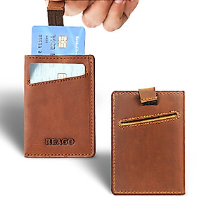 REAGO Handcrafted Front Pocket RFID Crazy Horse Leather Wallet for Men Women, Credit Card Holder, Strong Stitching, Slip Pocket, Slim Minimalist Wallet
