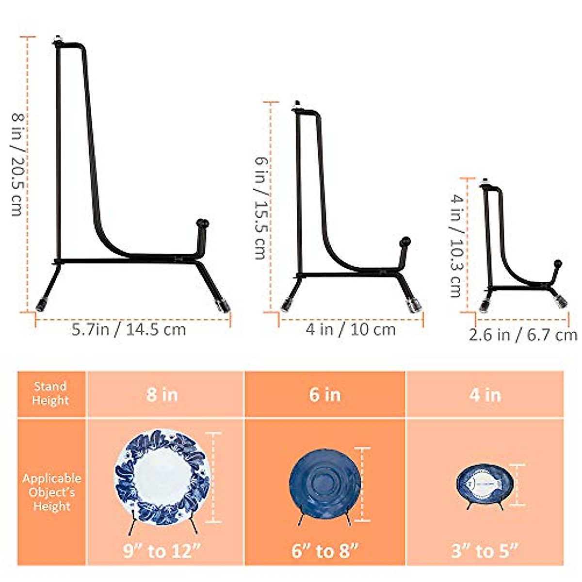 Mocoosy 6 Pack 3 Size Upgraded Anti-Slip Plate Stands for Display, 4 6 8 Inch Photo Holder Display Stand Set, Black Metal Iron Wire Frame Stand Easel for Pictures, Decorative Platter, Book and Arts