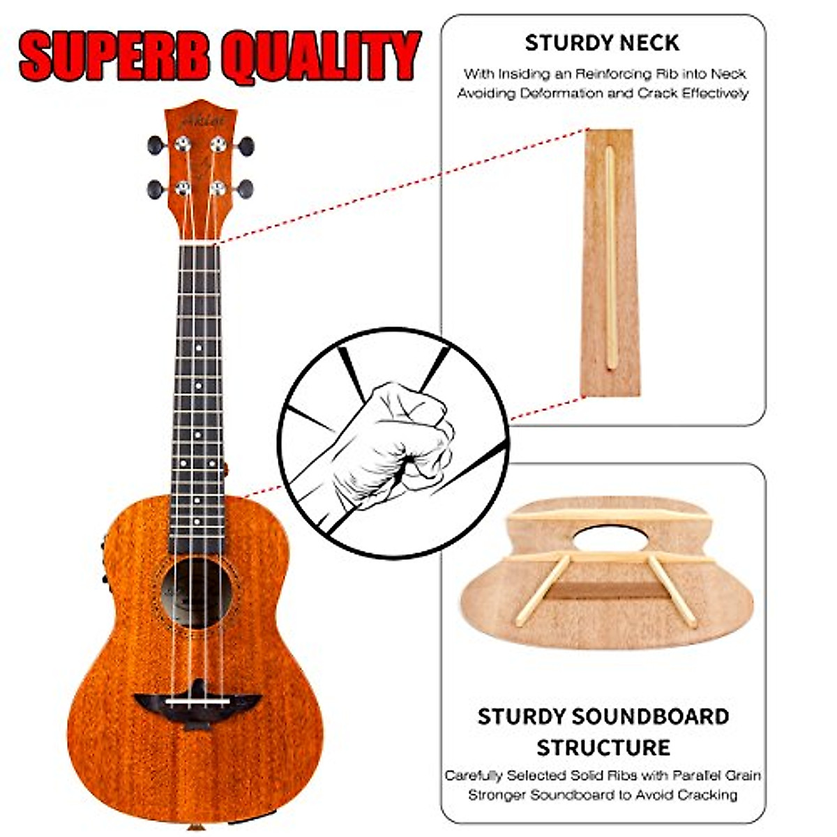 Electric Concert Ukulele, AKLOT Ukelele 23 Inch Solid Mahogany with Equalizer Uke for Professional Player with Beginner Kit (Gig Bag, Picks, Strap, String, Cleaning Cloth, Starter Manual)