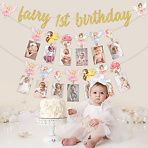My Fairy First Birthday Decorations - Fairy 1st Birthday Glitter Banner and Monthly Photo Banner, Fairy One Year Old Birthday Decorations for Girl, Floral Fairy 1st Birthday Party Supplies