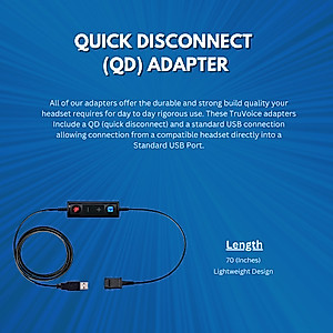 TruVoice USB-A to QD Adapter Cable Compatible with Any Plantronics Wired Headset with a QD and Includes Volume Control and Mute Functionality (Connects Headset to PC, Laptop and Softphones)