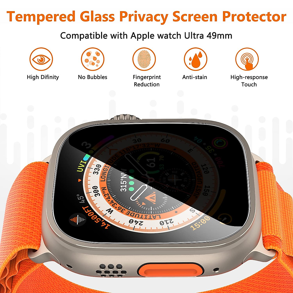 UniqueMe Privacy Screen Protector for Apple Watch Ultra 2 / Apple Watch Ultra 49mm - Tempered Glass Military-Grade Shockproof Case-Friendly Anti-Scratch Bubble-Free Cover for iWatch Ultra, 4 Pack