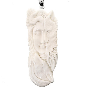 Carving Goddess Of The Hunt Buffalo Bone 925 Sterling Silver Pendant, 3 3/8"