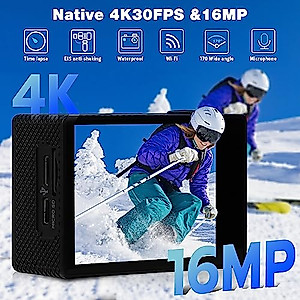 HiDectee Action Camera 4K 30FPS Sports Camera, 170° Wide-Angle 30M Waterproof Underwater Camera with 2.4G Remote Control, Built-in WiFi, 2 Batteries, 32G SD Card and Helmet Mount Accessories Kits
