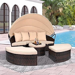 Betterland Outdoor Furniture Patio Round Daybed with Retractable Canopy, Brown Wicker Clamshell Sectional Seating with Cushions for Patio, Backyard, or Porch, Pool Round Bed