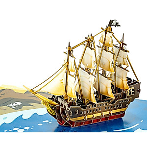 Pirate Ship - 3D Color Pop Up Greeting Card For All Occasions - Love, Birthday, Christmas, Good luck, Father's Day, Adventure, Travel - Message Note for Personalized - Thick Envelope, Fold Flat