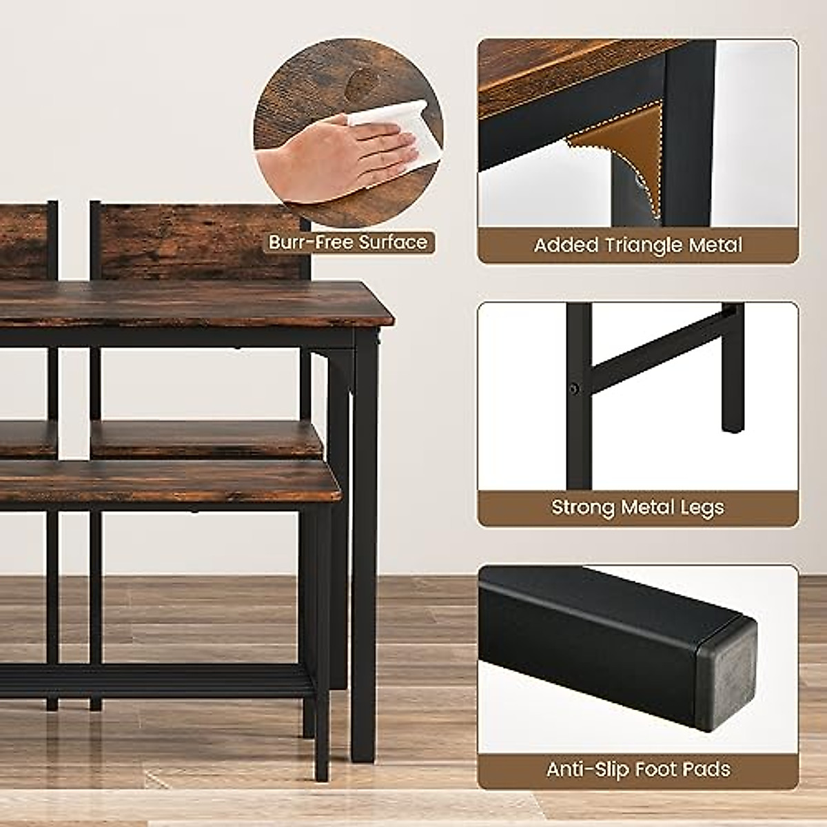 Tangkula 4-Piece Dining Table Set, Kitchen Table with Bench and Chairs, Metal Frame, Space-Saving Furniture, Modern 4-Person Dinette for Kitchen, Dining Room