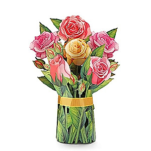MONJITA Pop Up Flower Bouquet, 3D Paper Flower Card for Mom Dad Girlfriend Boyfriend Grandparents Sister Brother Friends, Thank You, Thinking of You Card (Rose)
