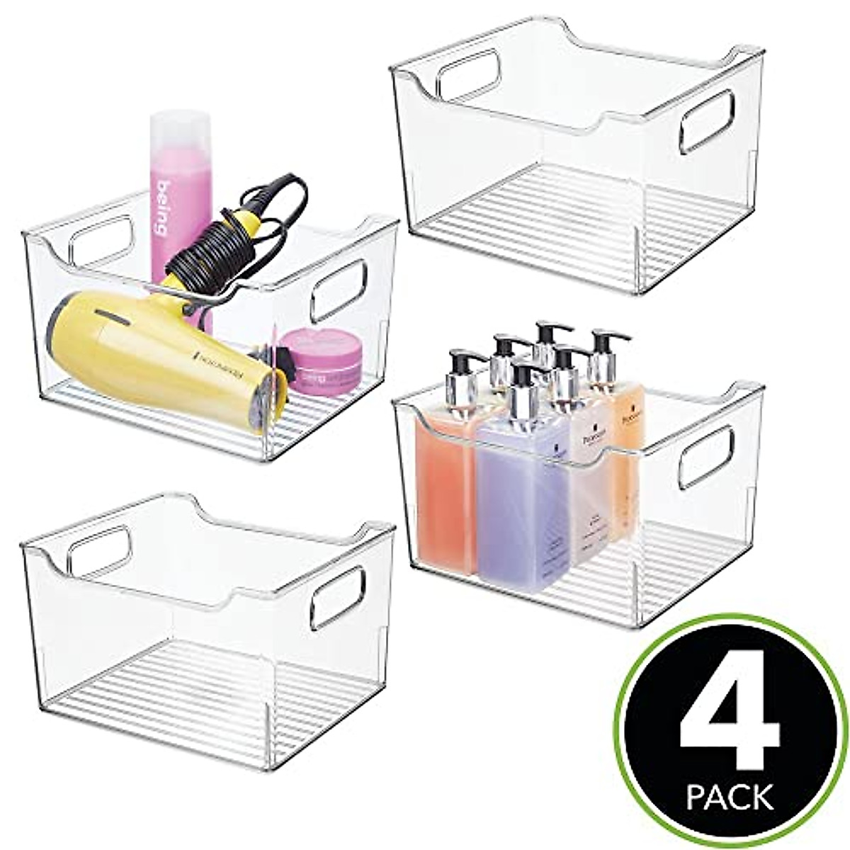 mDesign Large Deep Plastic Storage Bin with Handle for Bathroom/Vanity Organization - Countertop Makeup Organizer - Organization for Shelf, Cabinet, and Closet Decor - Ligne Collection, 4 Pack, Clear