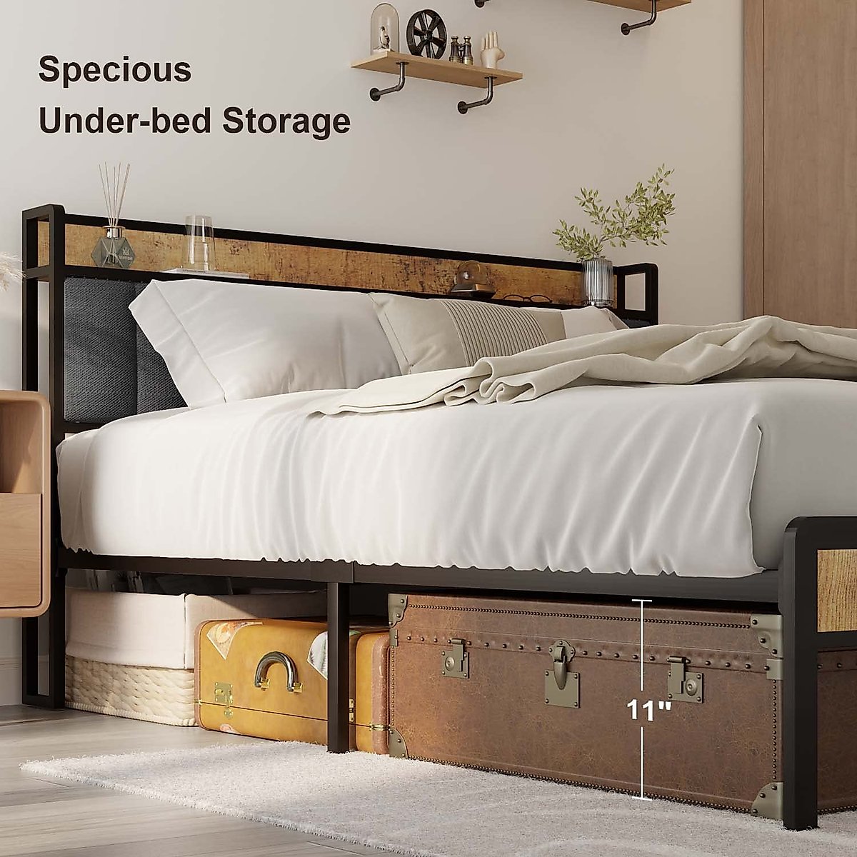 Gizoon Full Platform Bed Frame, Metal Bed Frame with Storage Headboard, Sturdy and Stable, Noise Free, No Box Spring Needed, Easy Assembly