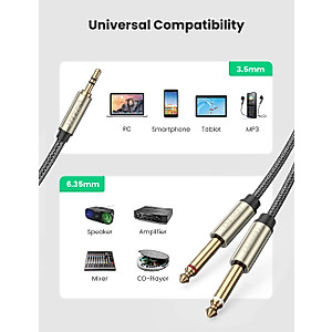 UGREEN 1/8 to 1/4 Stereo Cable 3.5mm TRS to Dual 6.35mm 1/4 TS Mono Y Splitter Audio Cord Adapter Compatible with iPhone, PC, Computer Sound Card, Mixer, Multimedia Speaker, Home Stereo System 16FT
