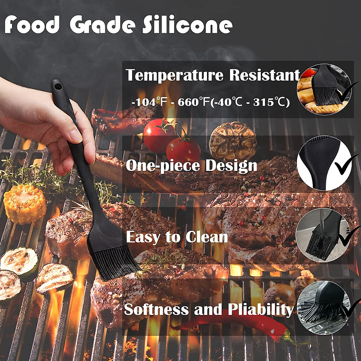 ANLIZY Pastry Brush for Cooking and Baking- 4 Pack Silicone Basting Brush and Food Brushes with Boar Bristles and Hardwood Handle Set for Kitchen, Grilling and Spreading Oil, Butter, BBQ Sauce (Black)