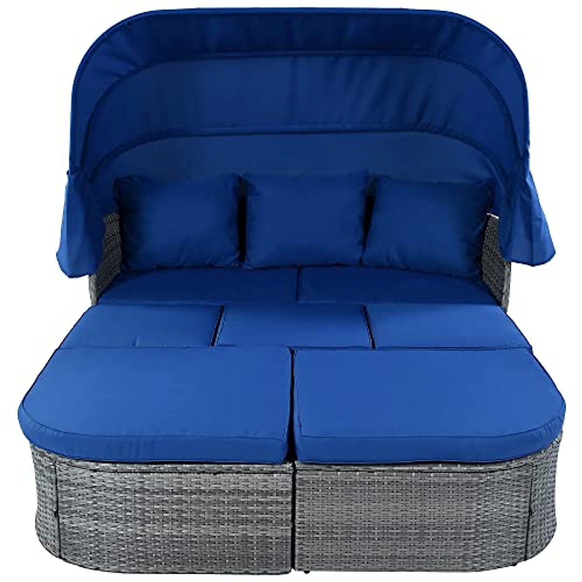 Merax Outdoor Patio Rattan Daybed Sunbed with Retractable Canopy, Sectional Conversation Sofa Set for Backyard and Porch, Blue