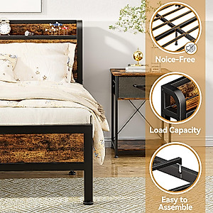 AnikSunny Queen Size Bed Frame - Metal Platform Bed Frame with Wood Storage Headboard Charging Station,Heavy Duty Bedframe, No Box Spring Needed,Solid and Easy Assembly,Rustic Brown