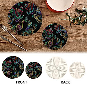 KEEPREAL Classic Embroidery Asian Dragon Trivet Pot Holder - Round Woven Potholders Set - Pure Cotton Braided Hot Pads - Coasters Table Mats for Cooking and Baking, 2-Pcs