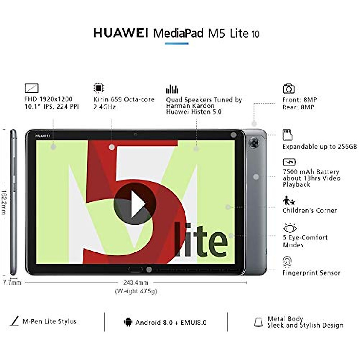 Huawei MediaPad M5 lite - 10.1 inch - WiFi Only - 3GB+32GB Quad Harman Kardon-Tuned Speakers- Space Gray
