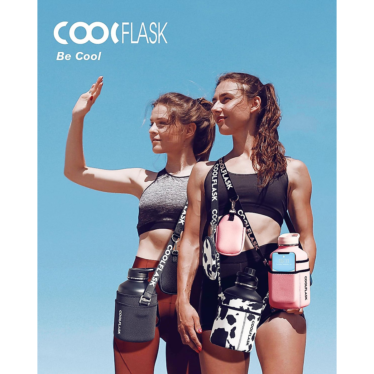 Coolflask 64 oz Insulated Water Bottle with Strap & Sleeve, Half Gallon Water Jug 3 Lids Stainless Steel Multifunctional Flask BPA-Free, Keep 48H Cold 24H Hot, Compact Yoga/Gym Bottle, Black