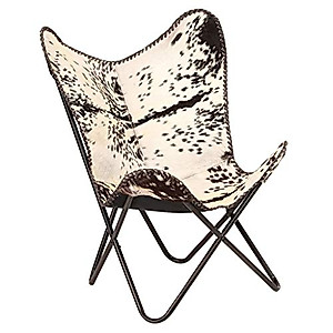 Home Decor Genuine Goat Leather Butterfly Arm Chair with Black/Brown White Hair on Cover (Black and White with Black Frame)