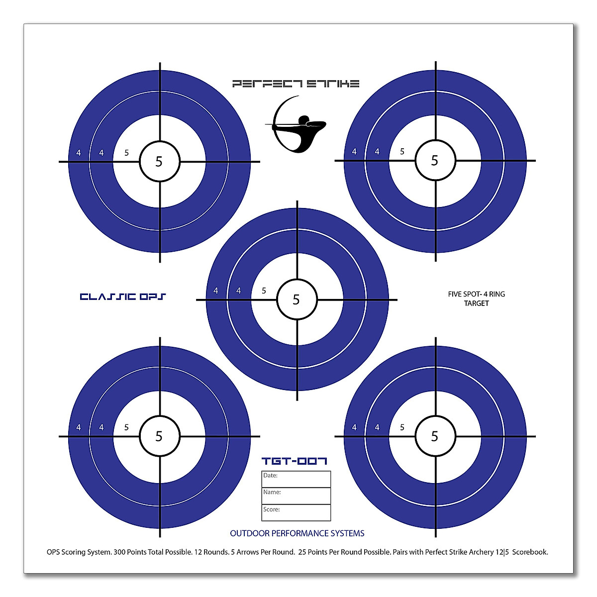 Perfect Strike ARCHERY System Targets. Classic OPS No. 007. Five Spot Targets. Heavy Paper Practice Targets. Great for improving Accuracy. 12" x 12". (24 Targets.)
