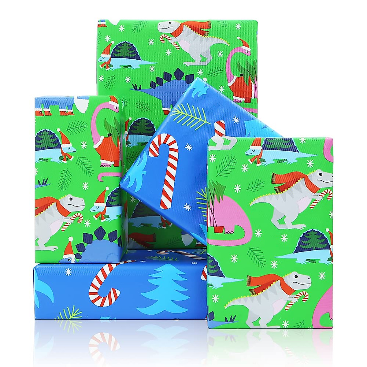 Dinosaur Wearing Santa Hats Christmas Double Side Reversible Wrapping Paper 4 Sheets Folded Flat 20x30 inches per sheet, Dinosaur T-rex Gift Wrap For Kids Girls Boys Men Women Unique Xmas Decorative Paper and Birthday Holiday