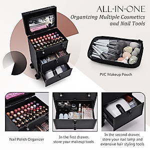 Professional 3 in 1 Rolling Makeup Case Cosmetology Case on Wheels 2 Large Drawer Nail Case Trolley Traveling Cosmetic Train Case with Makeup Pouch for Artists Nail Technician Salon Cart Trunk Black