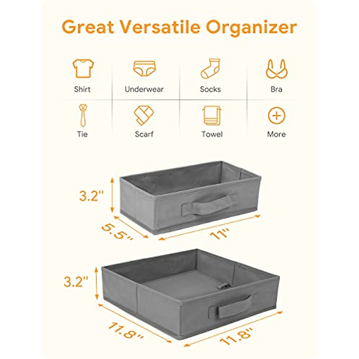 Teklar Dresser Drawer Organizers for Clothing [10 Pack] Foldable Fabric Shallow Clothes Drawer Dividers with 3.2" Height for Baby Clothes, Underwear, Sock, Bra (6 Medium + 4 Large, Grey)