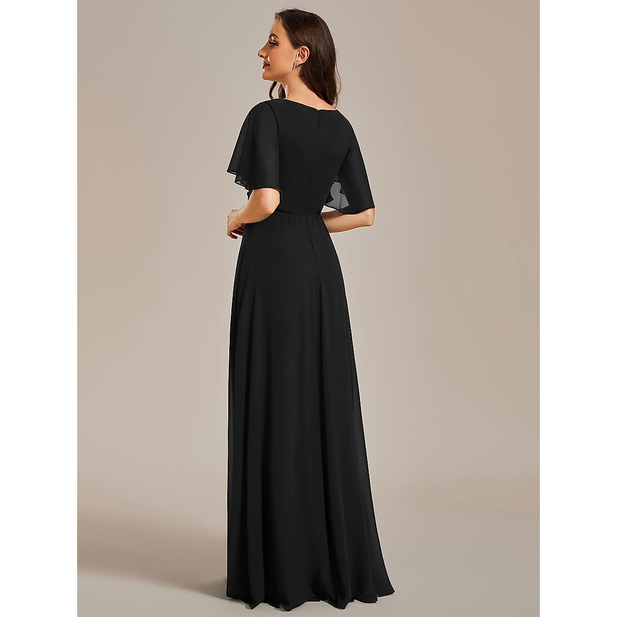 Ever-Pretty Women's Chiffon A-Line Ruched Short Sleeves Applique Waist V Neck Formal Dresses and Evening Gowns Black US20