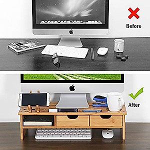 Tribesigns Monitor Stand Riser with Storage Organizer Drawers Bamboo, Natural Brown