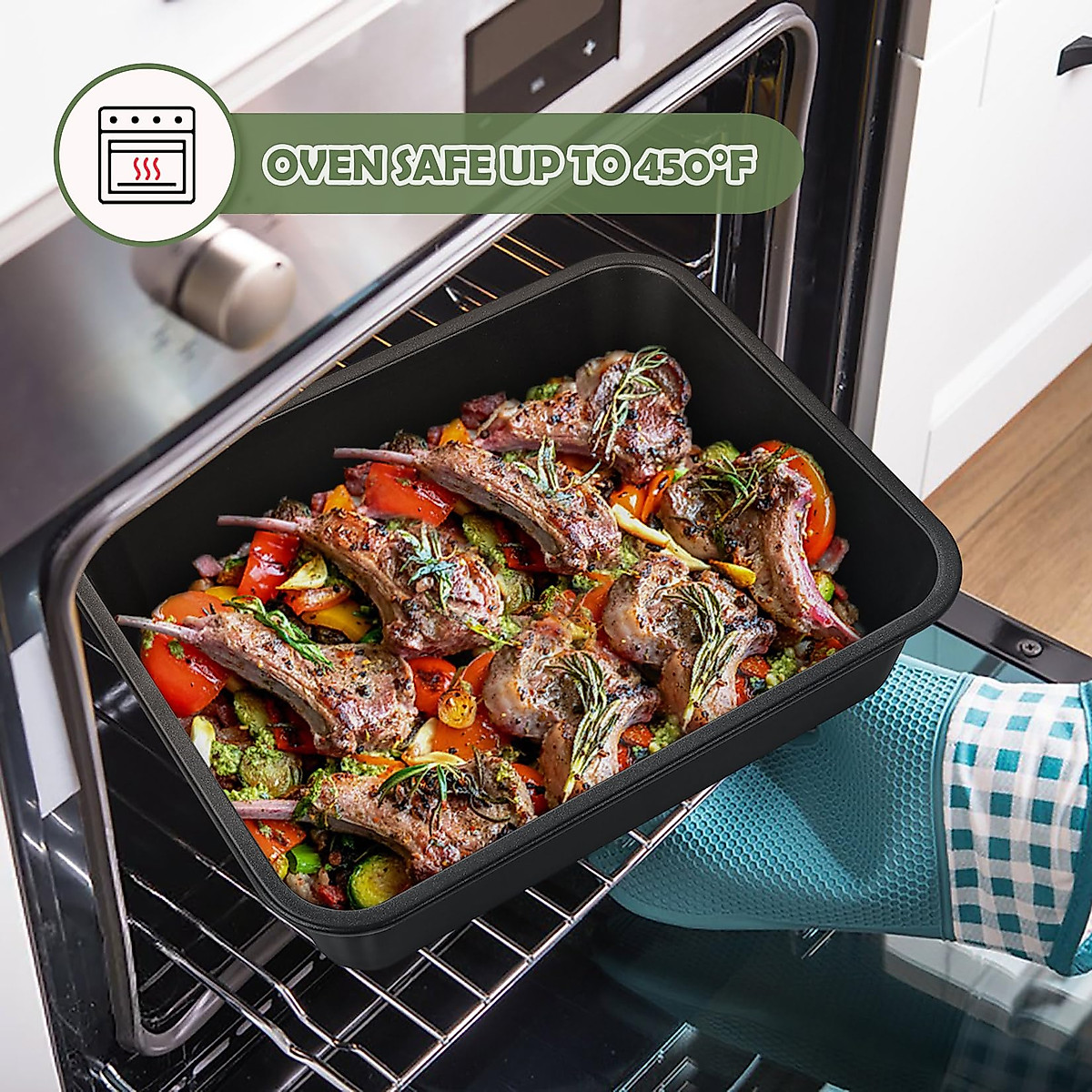 P&P CHEF 12.7 Inch Lasagna Pan, Nonstick Rectangular Baking Cake Pan for Brownie Lasagna, Deep Roasting Pan for Oven Use, Stainless Steel Core & 3.2 Inch Deep Side, Healthy & Sturdy, Black