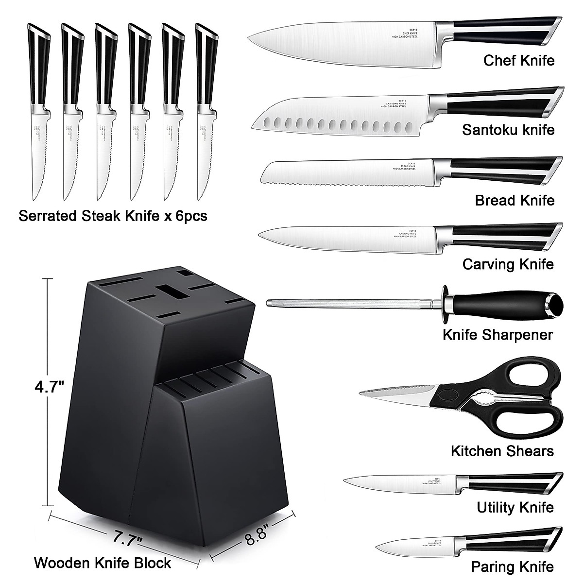 LIANYU 15-Piece Knife Set, Kitchen Knife Set with Wooden Block, Professional High Carbon Germen Stainless Steel Chef Knife Set, Forged Knives Set with Honing Steel