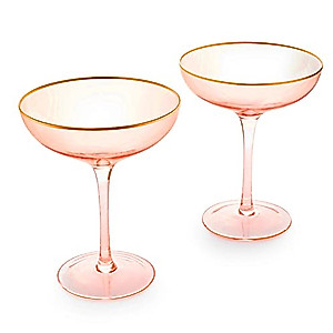 Large 9oz Colored Blush Pink & Gilded Rim Coupe Glass, Champagne, Martini & Cocktail, Dessert & Glasses 2-Set Vibrant Color Short Gold Vintage Tumblers, No Stem Margarita, Vintage Glassware Gift Idea