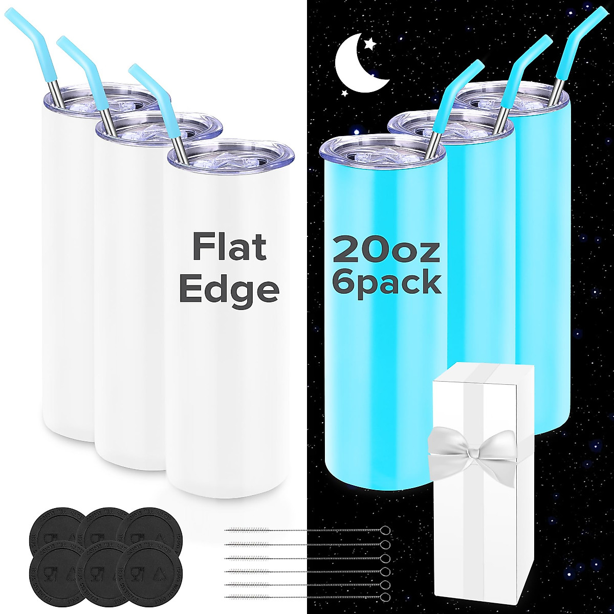 FASTSUB 6 Pack Sublimation Tumblers 20 oz Blank Bulk Luminous Cups Glow in the Dark Straight Stainless Steel Double Wall Vacuum Insulated with Lids and Straws for Tumbler Heat Press Glow Blue