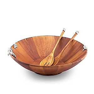 Vagabond House Wood Salad Bowl and Servers Lilacs Pattern 16 inch Diameter 4.5 inch Tall