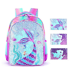 Reversible Sequin School Backpack Lightweight Little Kid Book Bag for Preschool Kindergarten Elementary (15", Mermaid)