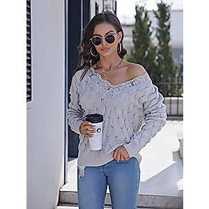 Yousify Women Lace V Neck Long Sleeve Pullover Sweaters Lightweight Knit Solid Color Novelty Jumper Tops