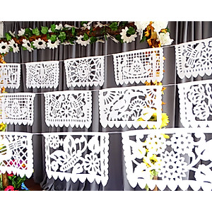 White Papel Picado Banner - Plastic Papel Picado Banner, garland, bunting, streamers - Fiesta Decorations - Mexican white Decorations for mothers day, bridal shower, weddings 5 pack/60 feet