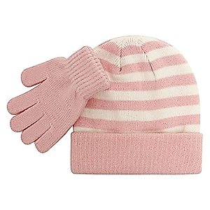 LAPI.ZAPI Toddler Hat and Gloves Set Girl Boys, Baby Winter Hats and Mittens for kids Warm Knitted Beanie (4-8 Years, M-Pink/White)