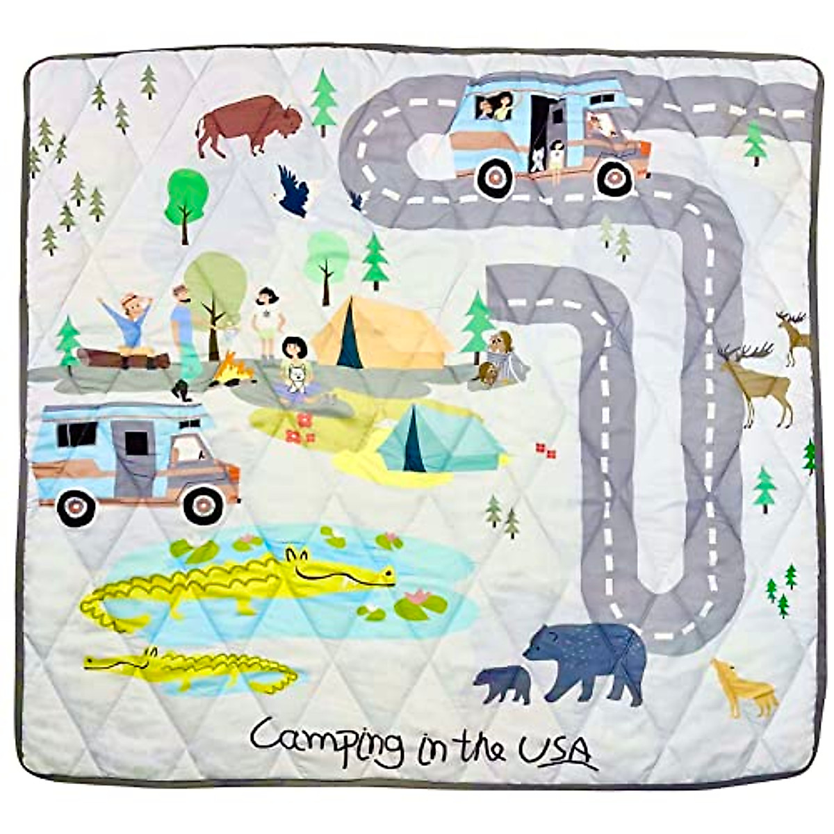 Baby Play Mat, Washable Play Mat for Baby 43"x43", Foldable Kids Tents Mat, Baby Play Gym Mat, Play Tent Mat for Toddler, Baby Tummy Time Mat, Non-Slip (Camping in The USA)