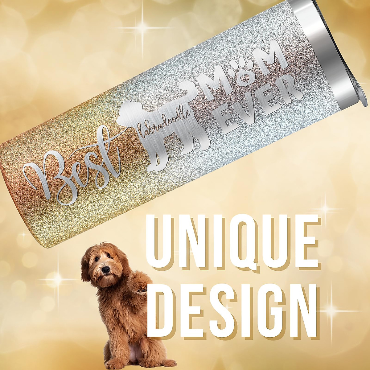 Onebttl Dog Mom Gifts, Dog Lover Gifts for Women, Best Dog Mom Ever, 20 oz Glitter Silver-Gold Insulated Tumbler - Labradoodle Mom
