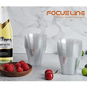 FOCUSLINE 9 oz Silver Plastic Cups, Disposable Clear Fancy Hard Plastic Cups, Silver Glitter, Heavy Duty, Reusable,100 Count