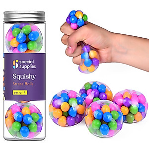 Squishy Stress Ball Squeeze, Color Sensory Toy, Relieve Tension, Anxiety, ADHD, Home, Travel and Office Use, Fun for Kids and Adults (4-Pack)
