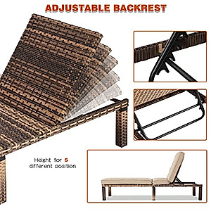 LETATA Patio Rattan Lounge Chair Outdoors with Adjustable Backrest Height, Sunbed Outdoor Wicker Chaise Longue with Removable Thickened Cushions for Poolside,Garden,Backyard,Lawn
