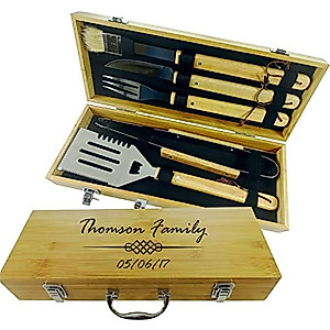 BBQ SET 5 tools | Custom engraved/personalized grilling set with 5 useful Barbeque grilling tools | Barbecue Utensils Gifts for Men & Women | In natural bamboo case | Grill Utensils Set for Dad