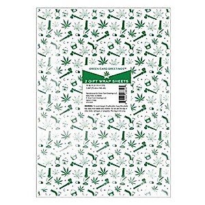 Green Card Greetings Gift Wrapping Paper Sheet, hemp theme, pipe, edibles pattern, 2 sheets - 7.5 sq. ft ea