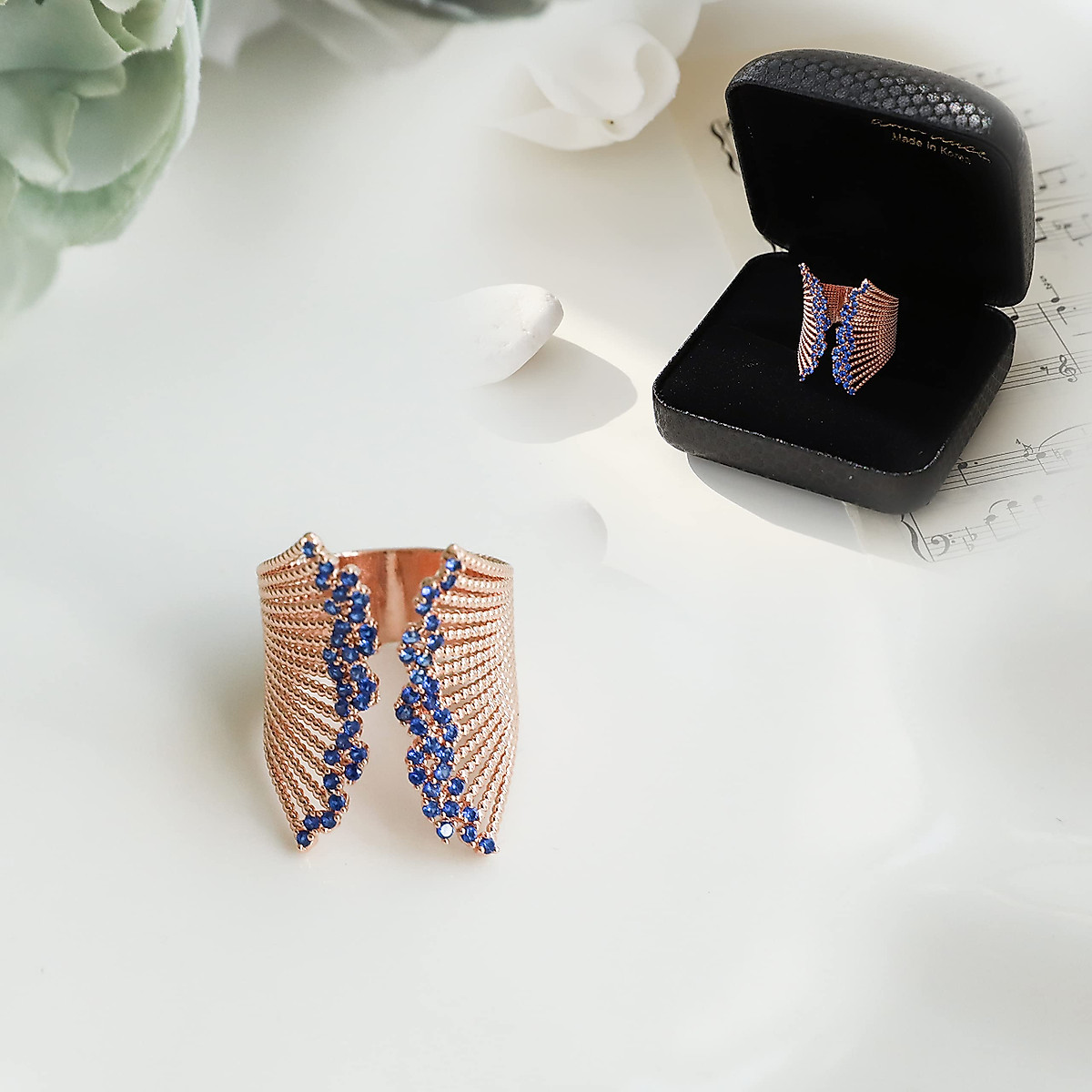 Cute Angel Wings Ring Sapphire Color Cubic Zirconia Rings Royal Blue, Rose Gold Plated, Nickel Free Rings for Lovely Women (No. 7G - Angel's Wings Royal Blue)