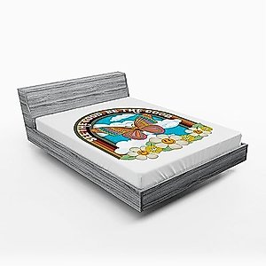Ambesonne Emoji Fitted Sheet, Dreamy Artwork of Spring Vibes Colorful Butterfly and Leafy Floral Faces Clouds, Bed Cover with All-Round Elastic Pocket for Comfort, California King, White Multicolor